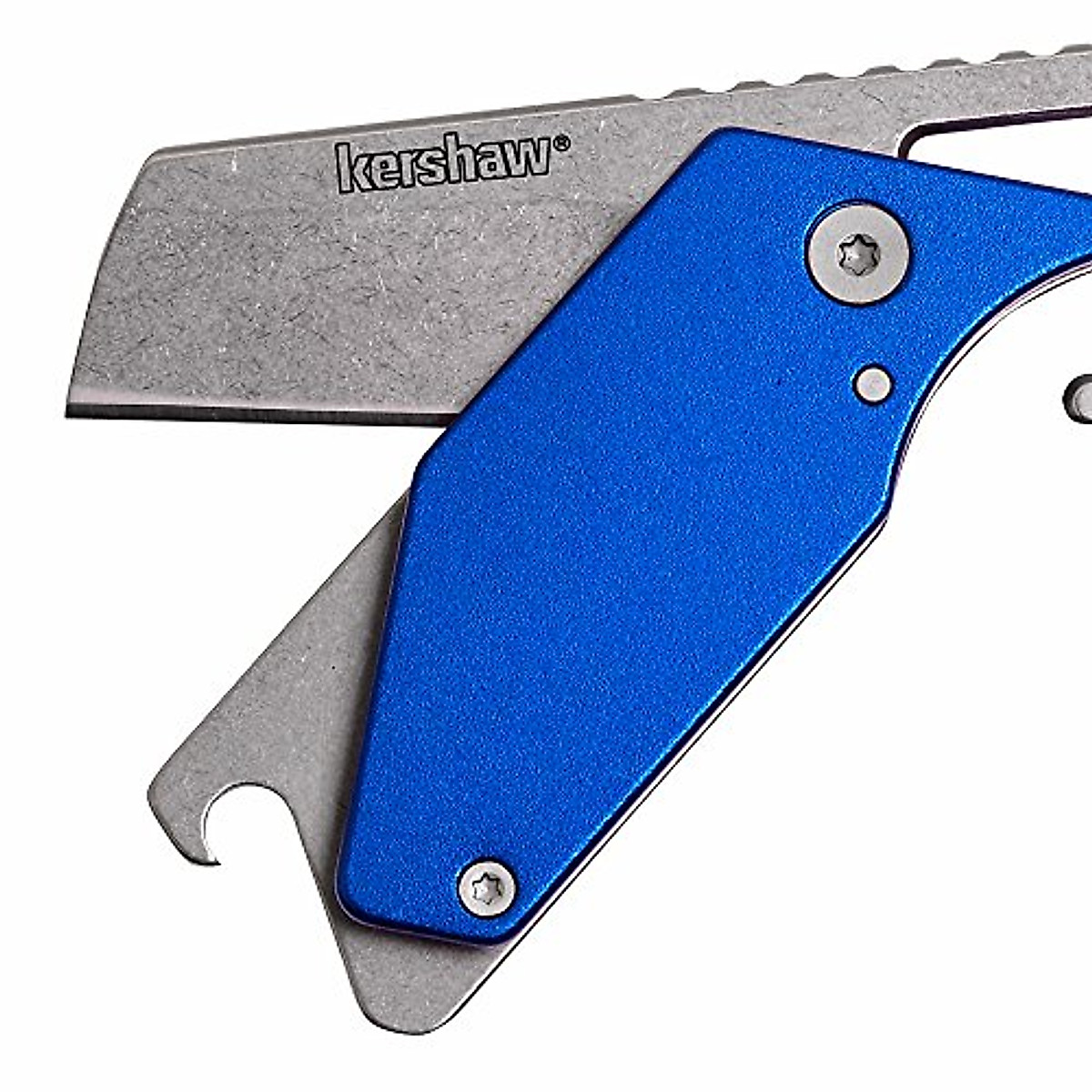 Kershaw Pub, Blue Multifunction Pocket Knife (4036BLUX) with 1.6 Inch 8Cr13MoV Stonewash Blade and Black Handle, Includes a Screwdriver Tip, Pry Bar, Key Chain Attachment and Bottle Opener