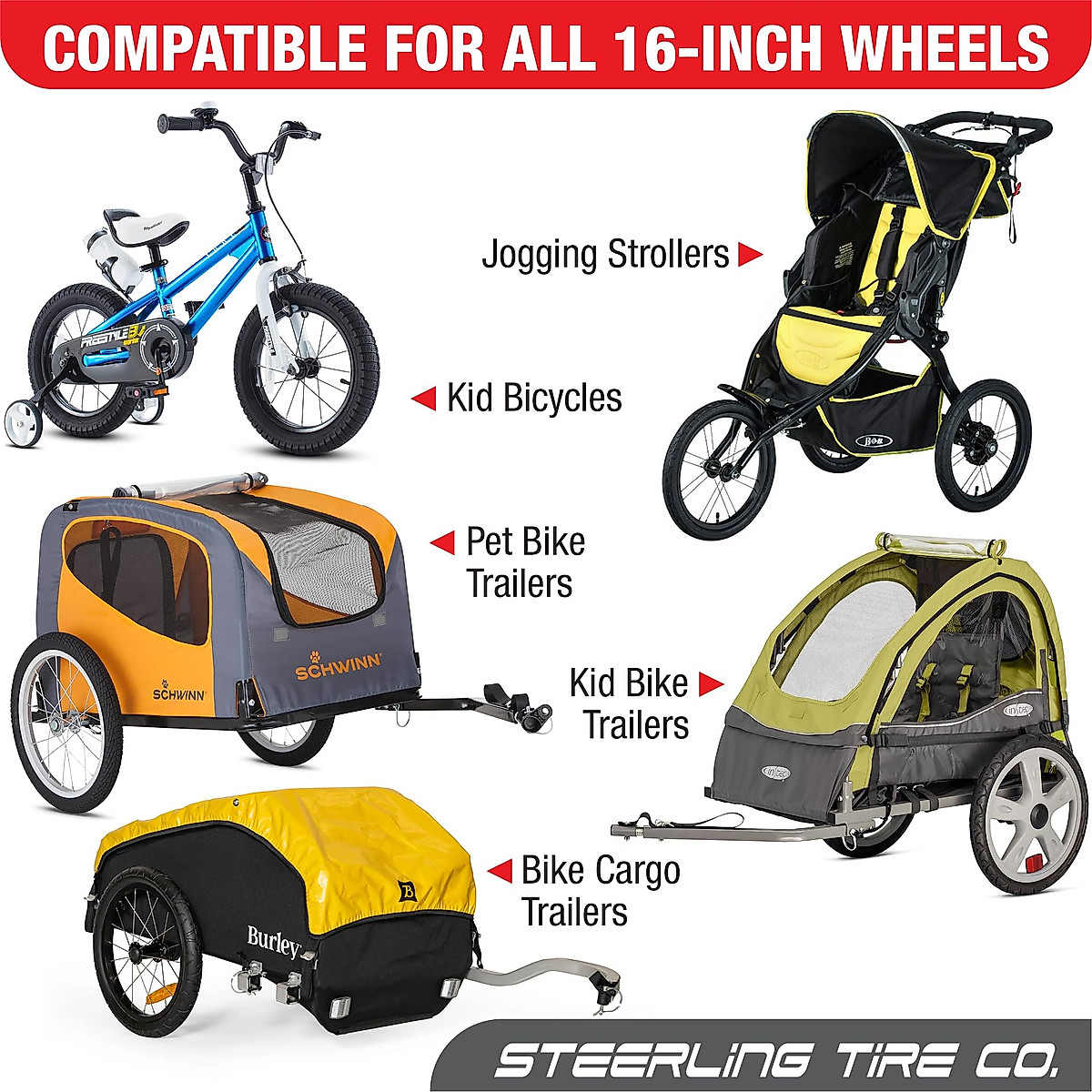 Three 16-Inch Tire Replacements for Jogging Strollers Like BOB Ironman & Bike Trailers Including Allen Sport, Burley and Instep (3-Pack) by Steerling Tire Co.
