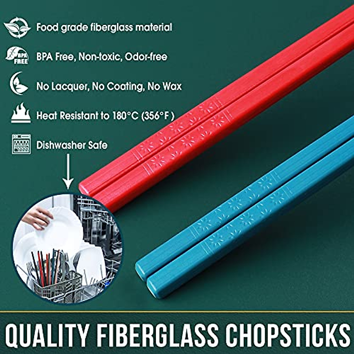 Chopsticks, GLAMFIELDS 5 Pairs Premium Reusable Multicolour Chopsticks for Sushi Japanese Matte Anti-slip Chop Sticks with Gift Case Lightweight Dishwasher Safe, 9.6 Inch