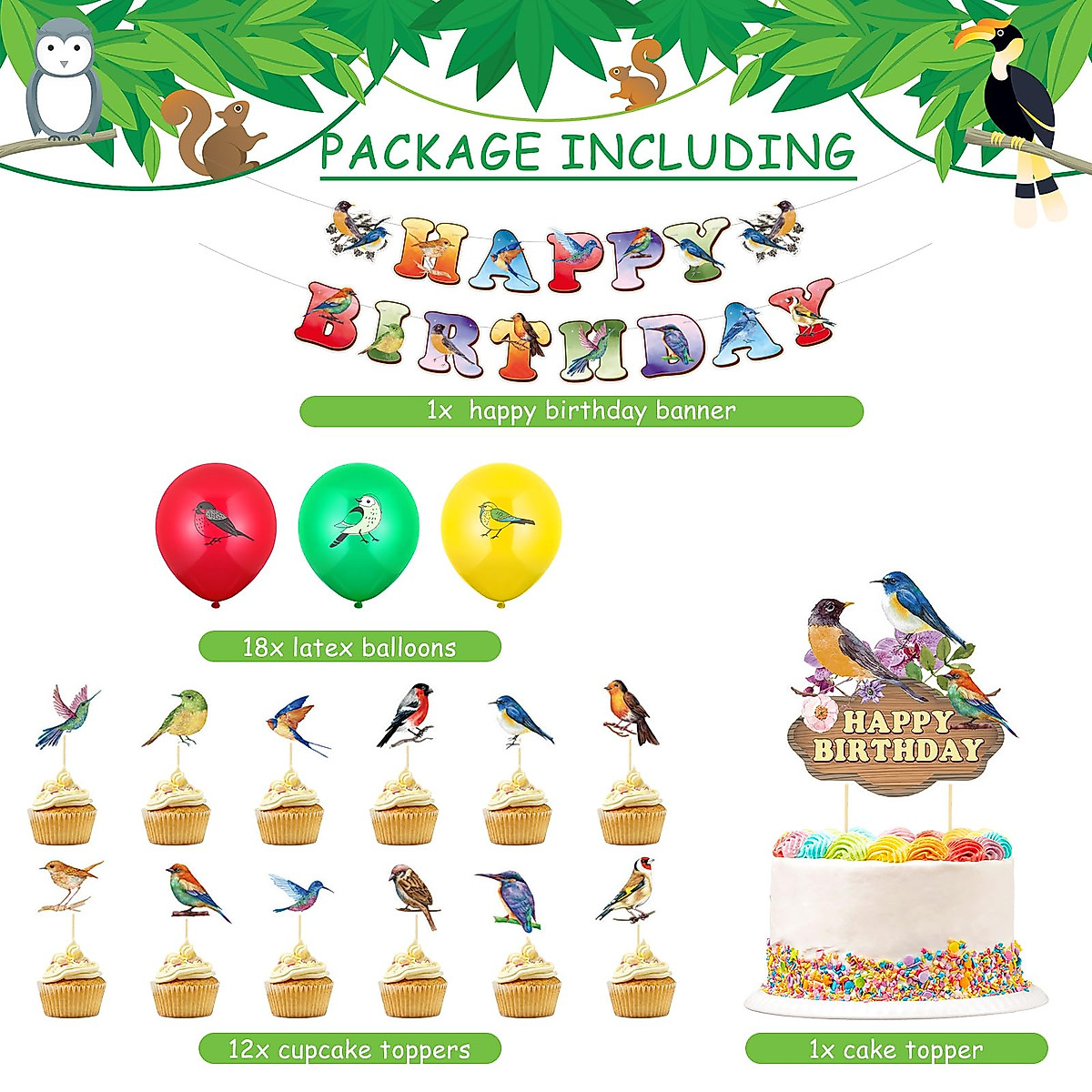 Harloon 32 Pcs Bird Birthday Decoration, Happy Birthday Banner Cake Toppers Hawaiian Balloons Bird Party Decorations for Birthday Wedding Baby Shower Tiki Bar Luau Tropical Themed Supplies