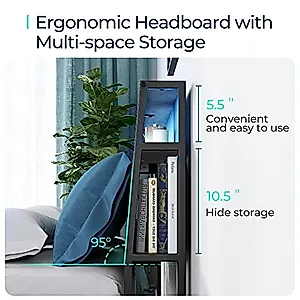 LINSY LIVING Queen Bed Frame with Headboard, Platform Metal Bed Frame with Lights, Outlets & Charger, 45 Minutes Fast Assembly Bed Queen Size with Storage, No Box Spring Needed, Greige