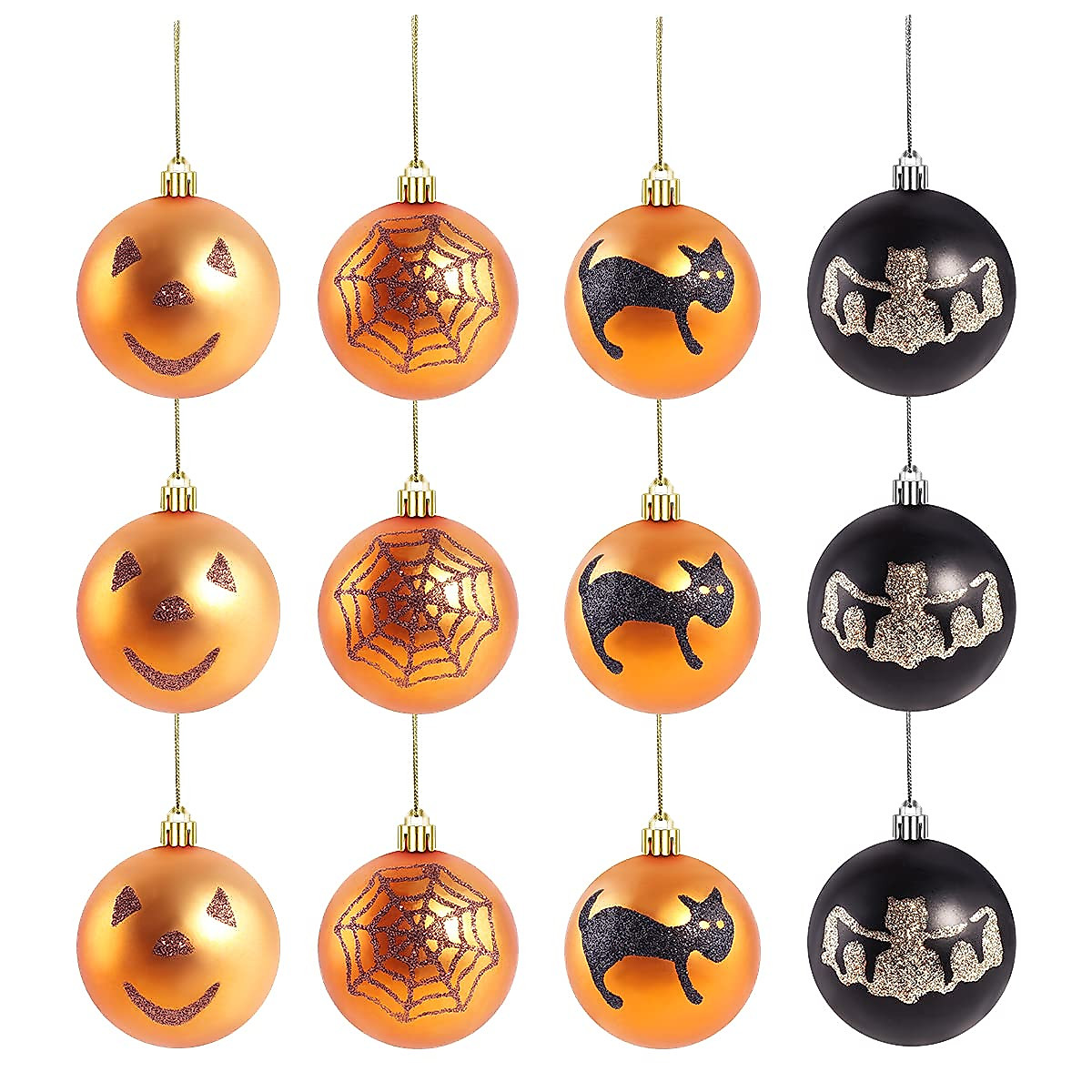 Halloween Hanging Ball Ornaments, 12pcs 2.16" Halloween Hanging Glitter Ball Decorations Plastic Reflector Rounds Hounted House Prop Toys, Spider Web Ghost Cat Printed for Halloween Hanging Decor