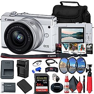 Canon EOS M200 Mirrorless Camera with 15-45mm Lens (White) (3700C009) + 64GB Memory Card + Filter Kit + LPE12 Battery + Charger + Card Reader + Corel Photo Software + HDMI Cable + More (Renewed)