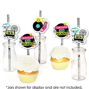 Big Dot of Happiness Through the Decades - Paper Straw Decor - 50s, 60s, 70s, 80s, and 90s Party Striped Decorative Straws - Set of 24