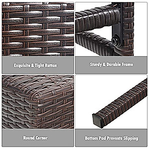 Salches Patio Bar Set, 3 Piece Rattan Wicker Bar Stools w/2 Stools & Glass Top Table, Large Storage Space & Removable Cushions, Outdoor Bar Table for Backyard/Porch/Garden/Poolside