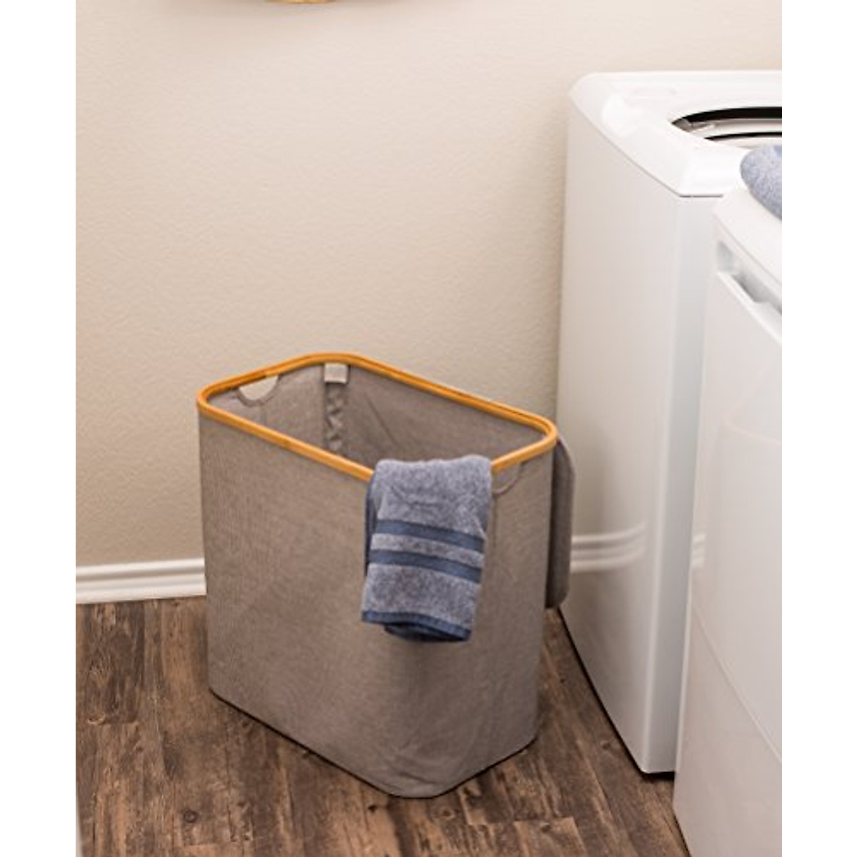 BIRDROCK HOME Bamboo & Canvas Hamper - Single Laundry Basket with Lid - Modern Foldable Hamper - Cut Out Handles - Grey Narrow Design - Great for Kids Adults