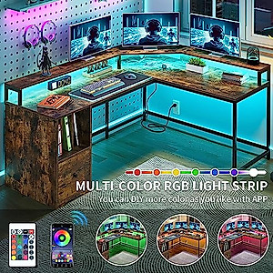 YITAHOME L Shaped Desk with Power Outlets & LED Lights, 67 Inch Large Computer Desk with File Drawer, Corner Desk Home Office Desk with Monitor Stand & 3 Cubbies Storage Shelves, Rustic Brown