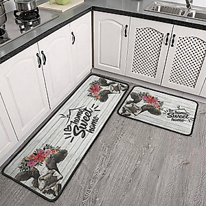Farmhouse Cow Kitchen Rugs and Mats Set of 2 Pieces,Home Sweet Home Kitchen Mat Non Slip Absorbent Mats for Sink Waterproof Runner Rug for Laundry Room17 x48
