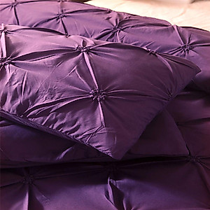 Feelyou Pintuck Duvet Cover Set King Size Purple Pinch Pleat Duvet Cover Tufted Design Bedding Set Zipper Soft Polyester Comforter Cover with 2 Pilllow Shams, Solid Geometric 3 Pieces