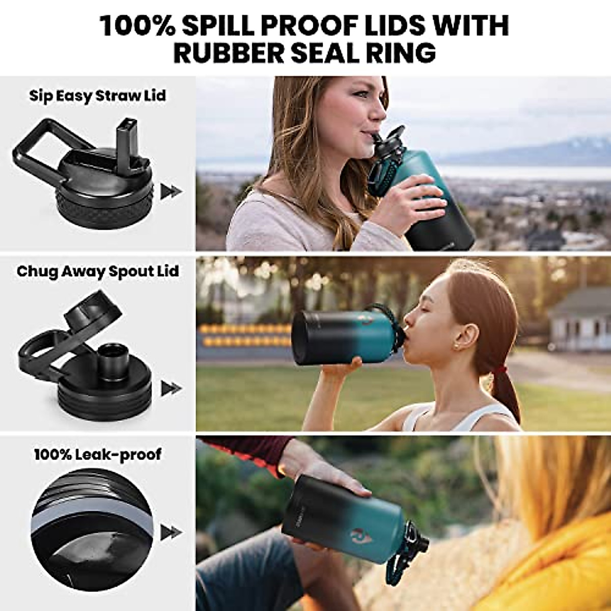 RAYMYLO One Gallon Water Bottle Insulated, Triple Walled Vacuum Stainless Steel (Cold for 48 Hrs), Leak Proof & BPA-Free, Large Water Flask Jug with Paracord Handle & Straw Spout Lids