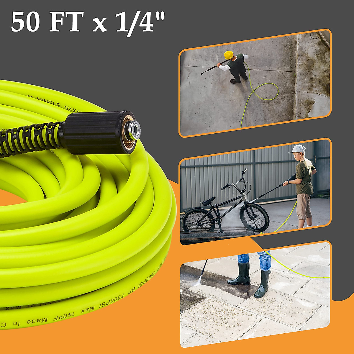 M MINGLE Pressure Washer Hose 50 FT x 1/4" - Replacement Power Wash Hose with Quick Connect Kits, 14'' Pressure Washer Surface Cleaner Attachment