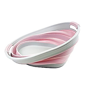 SAMMART 23L (6 Gallons) Collapsible Plastic Laundry Basket - Oval Tub - Foldable Storage Container/Organizer -Portable Washing Tub -Space Saving Laundry Hamper (Grey/Pale Pink)