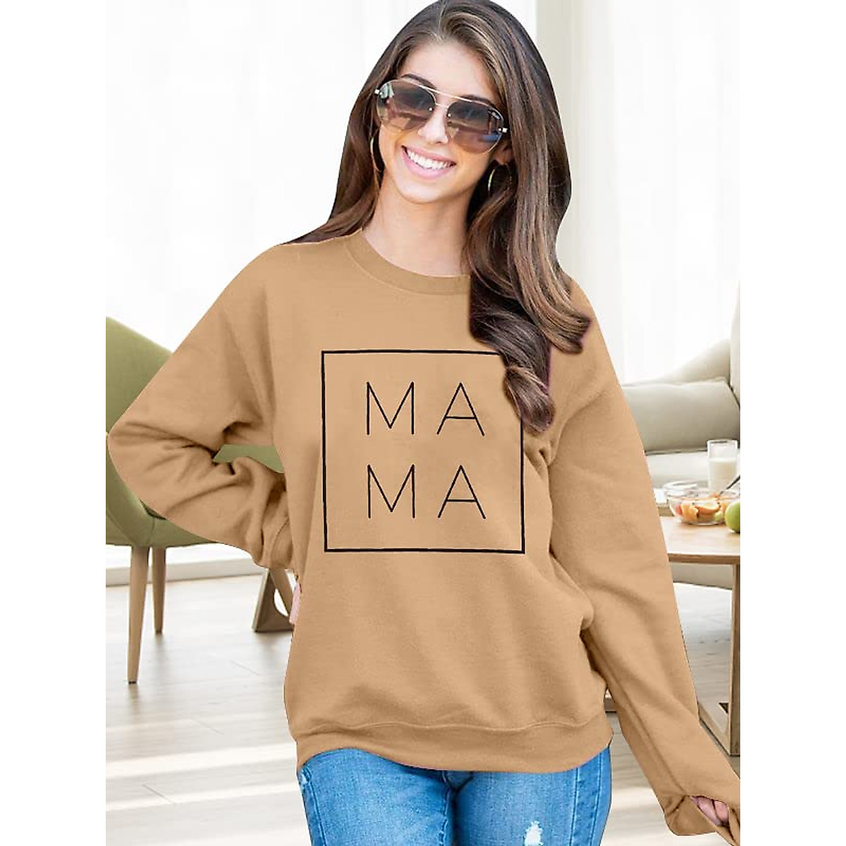 EGELEXY Mama Sweatshirt Women Funny Letter Print Mom Life Blouse Tops Casual Long Sleeve Pullover Tees (Apricot, Large)