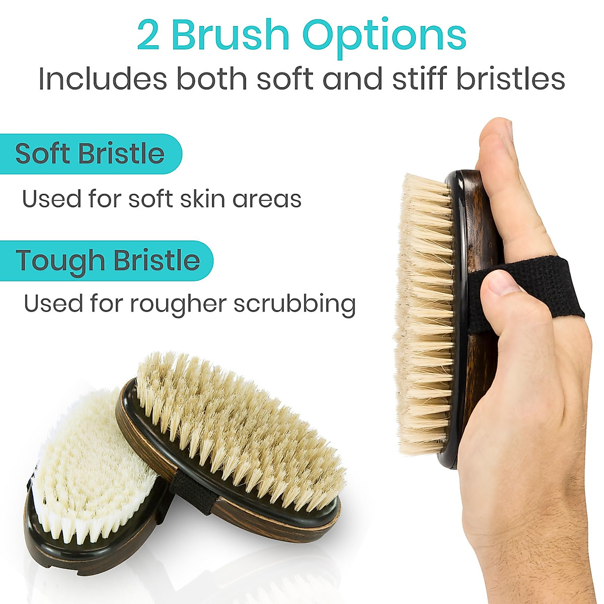Vive Dry Brush Set for Lymphatic Drainage (3 Pieces) - Brushing Scrubber for Exfoliating, Body Cellulite and Skin Massage - 100% Natural Boar Hair Bristles, 14” Long Dark Wooden Handle w/Storage Bag