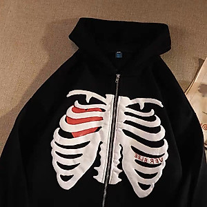 WINKEEY Women's Zip Up Skeleton Print Hoodie Y2K E-Girl Long Sleeve Hooded Jacket Sweatshirt (XL,Black)