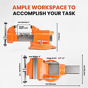 Forward Bench Vise 4 Inch Ductile Iron Bench Vice with 360 Degree Swivel Base and Channel Steel Guide Bar 30404 (4")