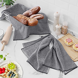 Homaxy Premium Kitchen Towels(18”x 28”, 6 Pack), Large Cotton Kitchen Hand Towels, Flat and Terry Dish Towels, 380 GSM Highly Absorbent Tea Towels Set with Hanging Loop, Grey