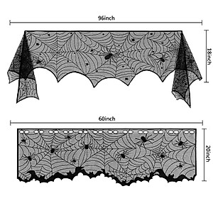 5 Pack Halloween Decorations Tablecloth Set, Black Lace Table Runner Round Spider Cobweb Table Cover Fireplace Mantel Scarf Spiderweb Lampshade with 48pcs Scary 3D Bat for Halloween Party Decor