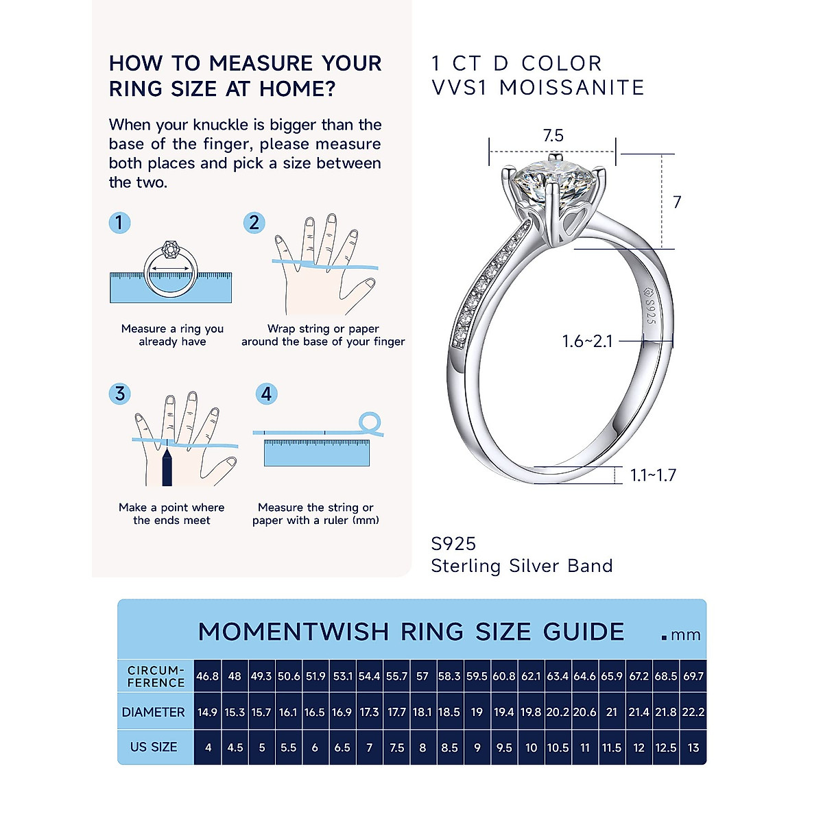 MomentWish Promise Rings for Her, 1Carat Moissanite, D Color VVS1 Simulated Diamond 925 Sterling Silver Accent Rings-Size6