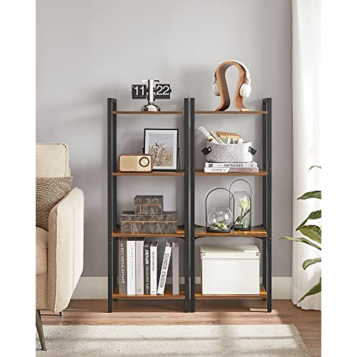 VASAGLE 4-Tier Bookshelf, Small Bookcase, Narrow Book Shelf for Small Space, 9.4 x 15.7 x 42.1 Inches, for Living Room, Office, Study, Entryway, Industrial Style, Rustic Brown and Black ULLS099B01