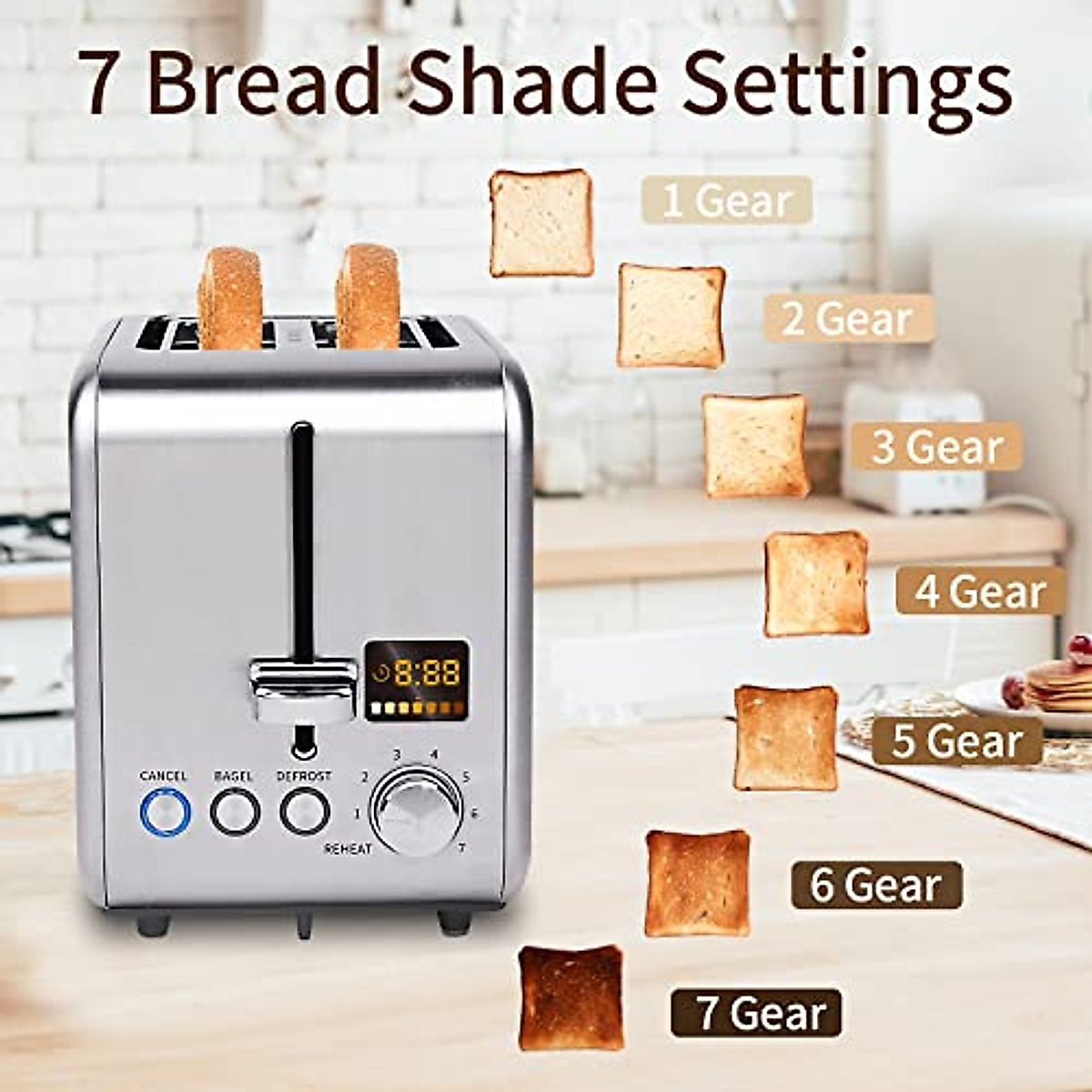 SEEDEEM Toaster 2 Slice, Stainless Steel Bread Toaster with Colorful LCD Display, 7 Bread Shade Settings, 1.4'' Wide Slots Toaster with Bagel/Defrost/Reheat Functions, Removable Crumb Tray, 900W, Silver Metallic