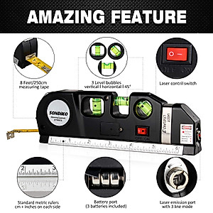 Sondiko Laser Level Tool Kit, Multifunction Laser Leveler for Picture Hanging, Cabinets, Tiles, Measure Tape Standard & Metric Tape Ruler (8ft/2.5M) with Retractable Metal Tripod Stand
