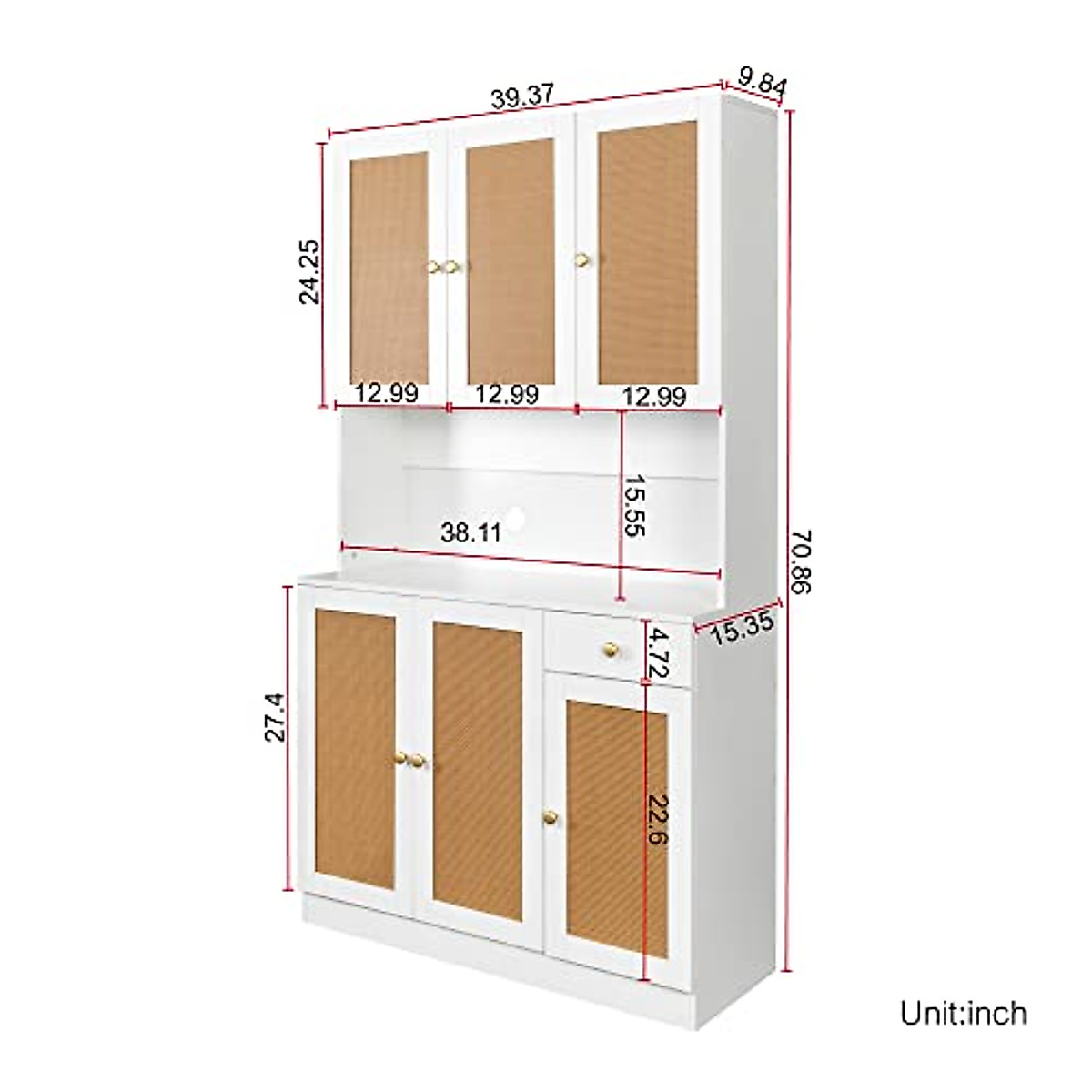 Holaki 71"Buffet Hutch Cabinet Freestanding Kitchen Sideboard Pantry Cabinet Cupboard Wood Versatile Wardrobe & Kitchen Cabinet,Craft Storage,Microwave Cabinet with 6 Doors,3 Shelves & 1 Drawer(White)