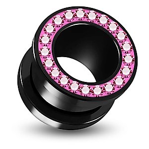 1 Piece of 5/8 Inch - 16mm Multi Pink Crystal Stone Setting on Black Acrylic Ear Gauge Flesh Tunnel