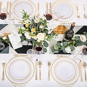 Ciaell 250PCS White and Gold Plastic Plates - Gold Disposable Plastic Plates Sets include 50Plates, 25Knives, 25Forks, 25Spoons, 25Mini Fork, 25 Cups, 25Paper Straws, 50Napkins for Thanksgiving, Party