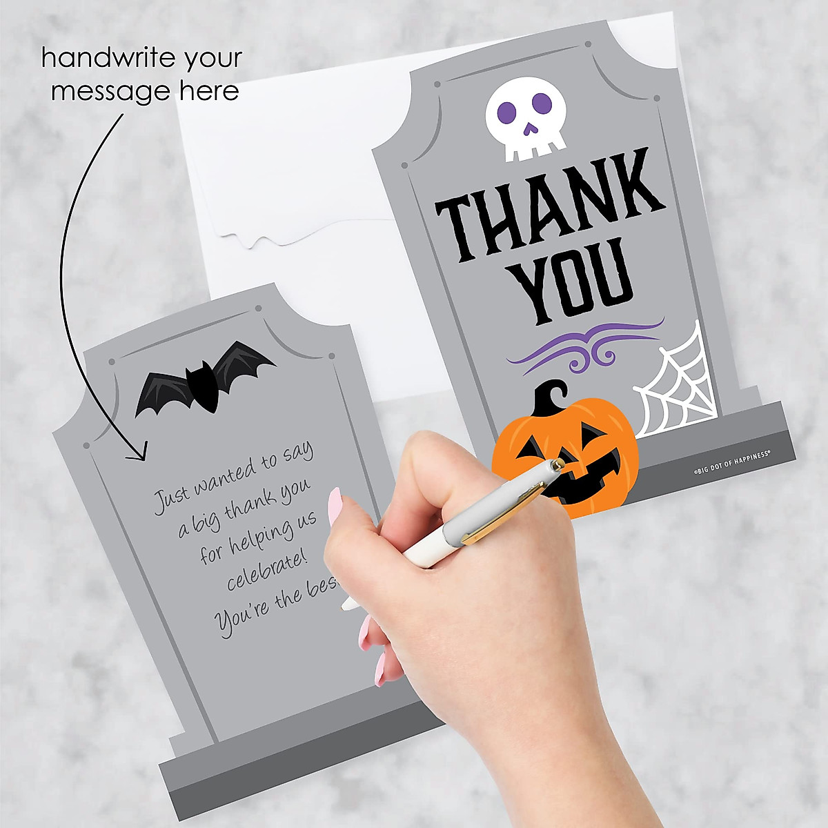 Big Dot of Happiness Cute and Colorful Tombstones - Shaped Thank You Cards - Kids Halloween Party Thank You Note Cards with Envelopes - Set of 12
