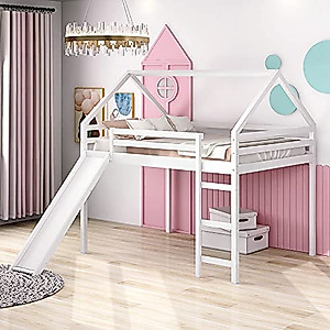 HYC Full Size Loft Bed with Slide, Wood Loft Bed Full with Playhouse Design, Kids House Loft Bed Frame for Boys Girls,White