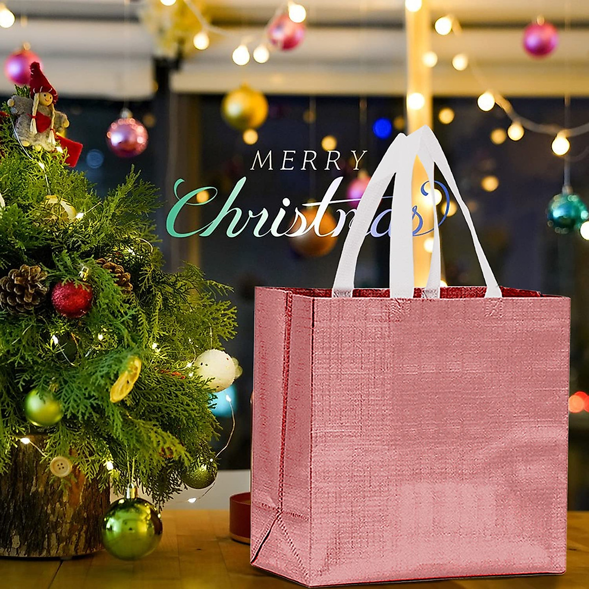 12 PCS Glossy Reusable Gift Bags, Non-Woven Fashionable Bag, Stylish Bags with Handle, Gift Bags for Women Groceries Wedding bridesmaid Birthday Party (Gold Rose)