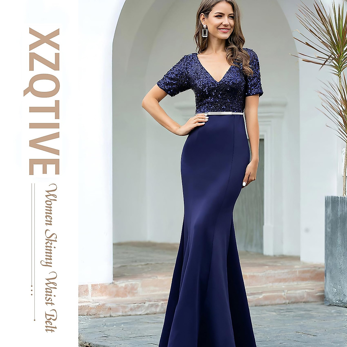 XZQTIVE 2 Pieces Women Skinny Metal Chain Waist Belt Stretchy Saree Cinch Belt for Dress Gold Sliver (00 Gold, Fit waist 30-33 in)