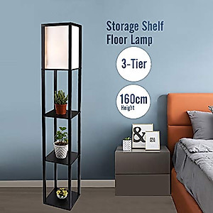 ELECWISH Shelf Floor Lamp Black Standing Lamps with White Shade and Solid Wood Frame, Without Led Bulbs