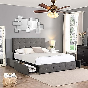 Full Size Linen Upholstered Platform Bed Frame with 4 Storage Drawers and Adjustable Button Headboard, Modern Soft Tufted Bed for Boys Girls Adults, Wooden Slats Support, No Box Spring Needed (Full)