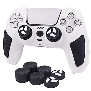 CHIN FAI PS5 Controller Grip Cover, Anti-Slip Silicone Skin Protective Cover Case for PlayStation 5 DualSense Wireless Controller with 6 Thumb Grip Caps (White-Black)