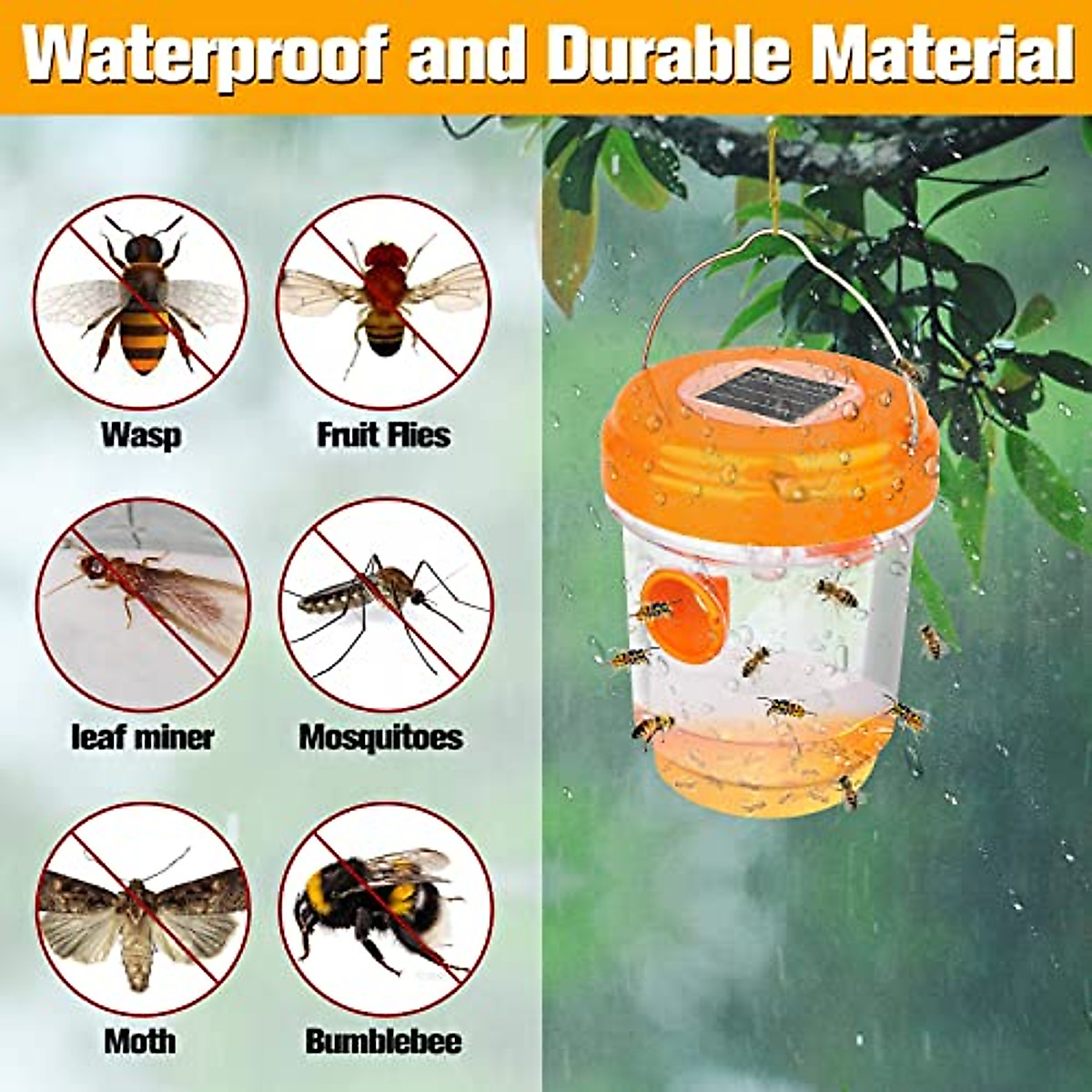Mayardfun Wasp Traps, Solar Bee Trap Catcher, Wasp Catcher Yellow Jacket Trap with UV LED Light, Nontoxic Reusable Wasp Trap Orange Orange
