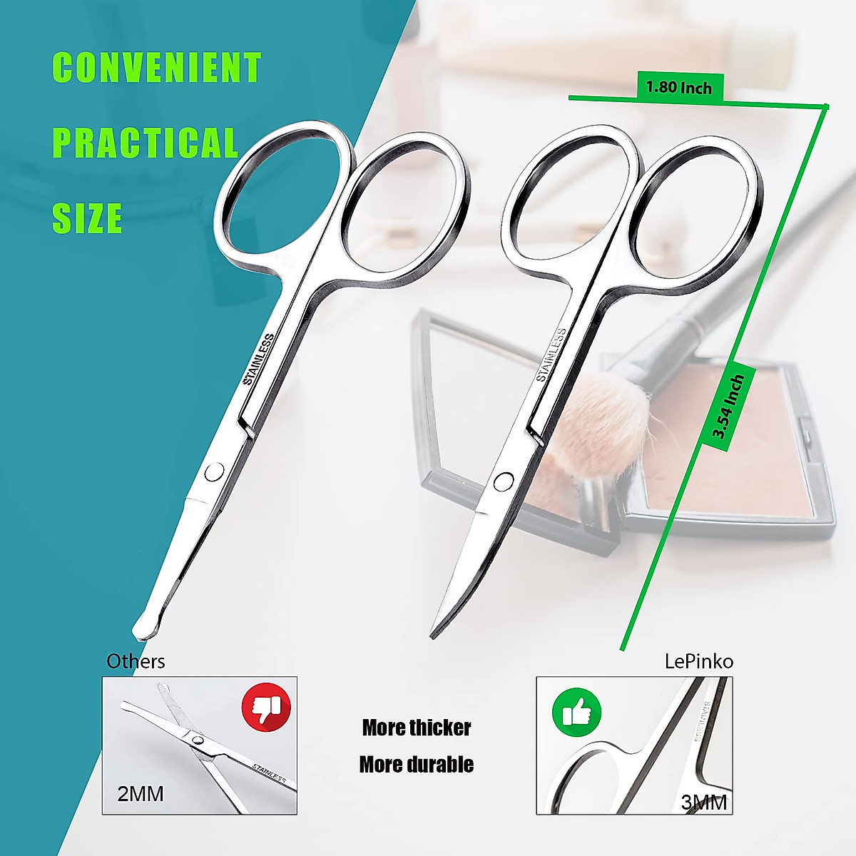 Facial Hair Small Grooming Scissors For Men Women - Eyebrow, Nose Hair, Mustache, Beard, Eyelashes, Ear Trimming Kit - Curved and Rounded Safety Tip Clippers For Hair Cutting - 2PCS Silver