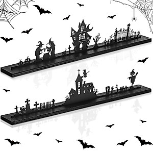 Amyhill 2 Pcs Halloween Metal Table Decorations 15.8 Inch Silhouette Haunted House Cemetery Signs Black Spooky Halloween Witch Cauldron Ghost Detachable Tabletop Centerpiece Decor for Home Table Shelf