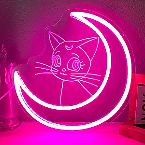 JXIN Moon Neon Sign, Adorable Anime-Inspired Luna Cat Moon Light for Girl's Teen Room Wall Decor, Kawaii Gamer Room, Birthday Decorations