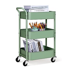 AOODA 3 Tier Under Desk Rolling Cart with Handle and Lockable Wheels, 27'' Height Small Metal Book Cart Mobile Art Cart Rolling Storage Organizer for Office, Kitchen, Bathroom (Aqua Green)