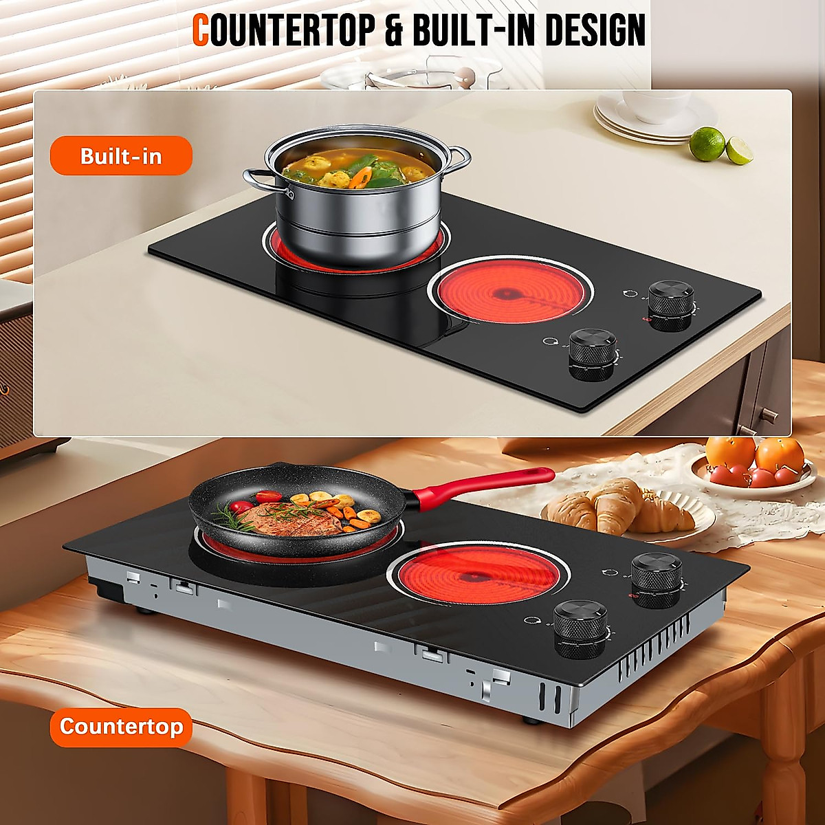 2 Burner Electric Stove, Nefaracy 12 Inch Electric Cooktop with Knob Control, Countertop & Built-in Electrical Stove Top, 2000W Ceramic Cooktop 110V, 9 Heating Level, Residual Heat Indicator, Plug in
