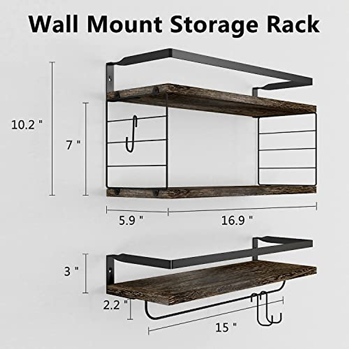 JOVONE Bathroom Shelves with Tissue Rack &Towel Bar, Wall Mounted Floating Shelves, Multifunctional Storage Rack for Bathroom, Kitchen, Bedroom and Living Room, Set of 2 (Carbonized Dark Black)