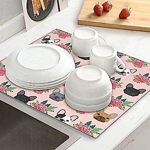 French Bulldog And flowers Printed Drying Mat For Kitchen Ultra Absorbent Microfiber Dishes Drainer Mats Non-Slip Silicone Quick Dry Pad - 18 X 16inch