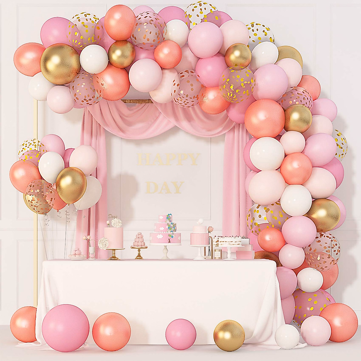 Amandir 164Pcs Rose Gold Pink Balloons Garland Arch Kit Light Pink Gold White Confetti Latex Metallic Balloons for Birthday Baby Shower Wedding Party Decorations Supplies