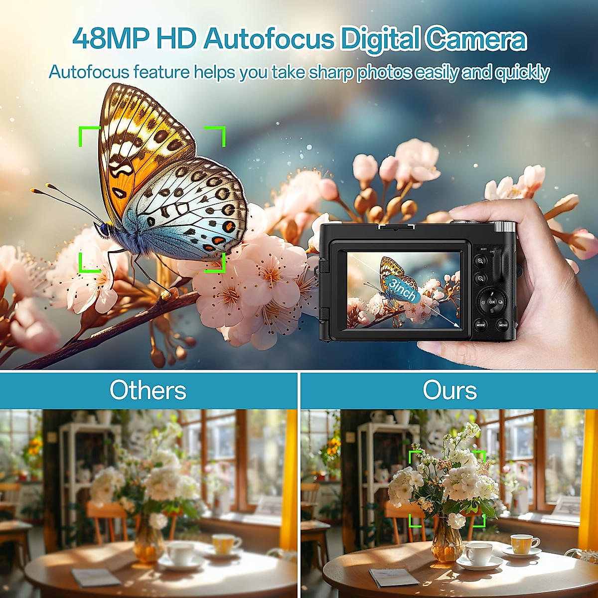 4K Digital Camera for Photography Autofocus 48MP Vlogging Camera for YouTube with SD Card 16X Digital Zoom Compact Camera, 3 Inch 180°Flip Screen, Flash, Anti-Shake, 2 Batteries