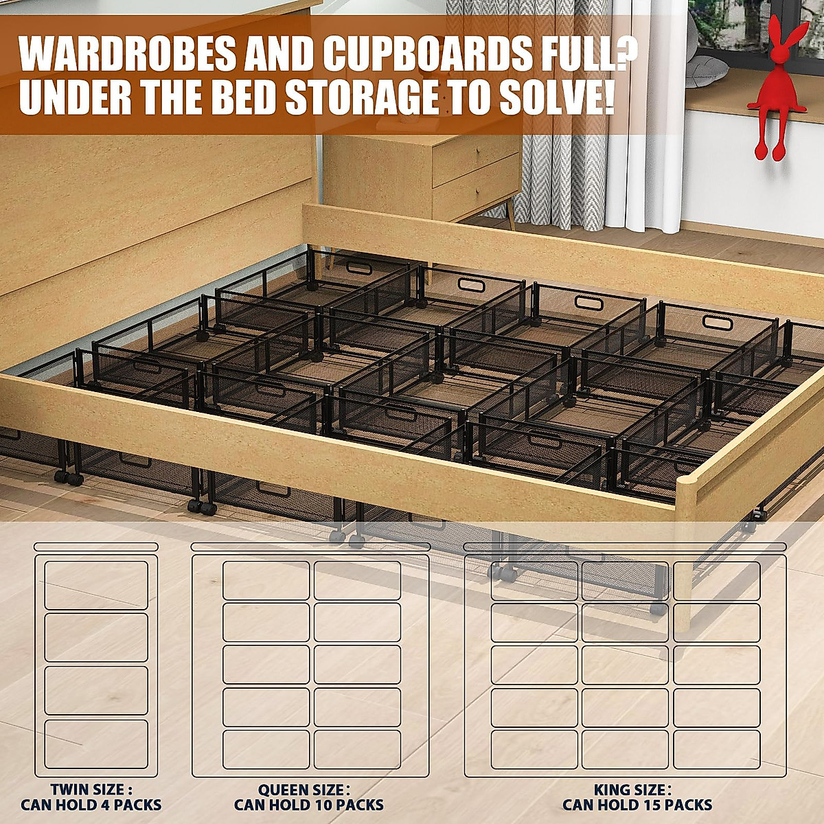 Under Bed Storage Containers,2 Pack Foldable Underbed Storage Containers with Handles and Wheels,Folding Bed Shoes Clothes Organizer,Easy Assembly Underbed Storage for Toy ,Bedding,Bedroom(Black)