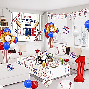 Baseball 1st Birthday Party Supplies, Includes Rookie of The Year Banner, Backdrop, Tablecloth, Balloons, Plates, Napkins, Cups and Straws for Boys Baby First Baseball Party Decor, Serves 20 Guests