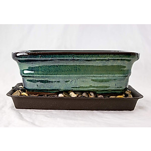 8" Rectangular Green Stain Bonsai/Succulent Pot + Tray + Rock + Mesh Combo