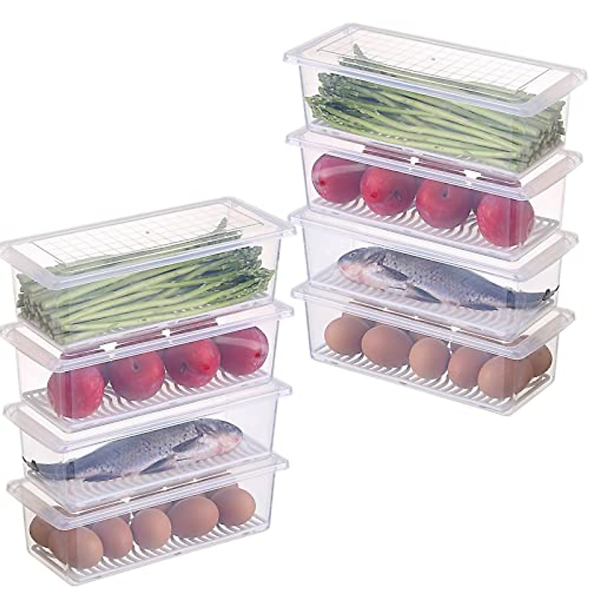 ninesung 8 Pieces Food Containers Storage For Fridge,1.5L Plastic Food Storage Containers With Removable Drain Plate and Lids, Refrigerator Organizer Bins Fruit Storage Containers For Fridge Storage